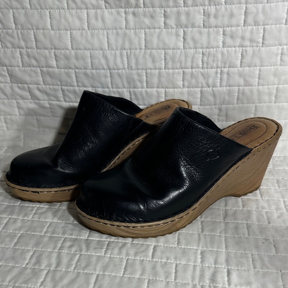 Born | Shoes | Born Natalie Black Leather Clog With A Woodprint Wedge ...